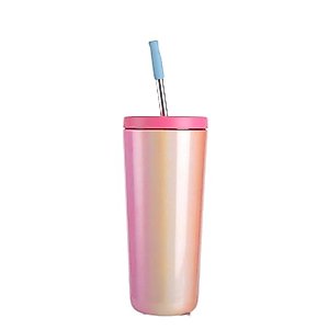 Rainbow Paint 304 Double Layer Vacuum Stainless Steel Thermos Mug Straw Cup for Male and Female Students Gradient Coffee Cup with Lid(Gradient Color)
