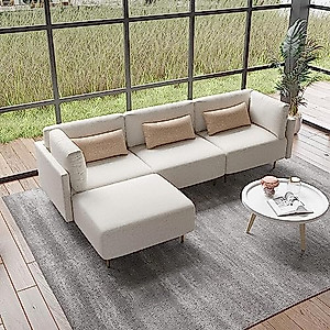 MGH 143''Convertible Sectional Sofa , Modern Linen Fabric U-Shape Modular Couch 4-Seat Sofa Sectional with Reversible Ottomans for Apartment Living Room Furniture Sets, Beige (HQ-023B)