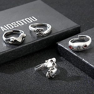 AIDSOTOU Mens Vintage Open Rings Set Frog Snake Skull Cool Punk Goth Ring for Men Women Adjustable (Silver-16 PCS)