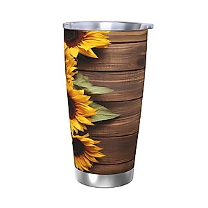 AYCZN Sunflower Wood Board 20 OZ Tumbler Stainless Steel Travel Coffee Mug, Vintage Insulated Water Bottle with Lid and 2 StrawsLeakproof Thermal Cup