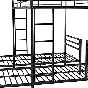 DEYOBED Full Over Twin & Twin Metal L-Shaped Triple Bed Bunk Bed with Shelf and Dual Ladders - Functional and Stylish Sleep Arrangement for Kids, Teens, Adults