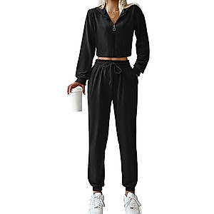 KIRUNDO Women's Sweatsuits Tracksuit Fall Zip Hoodie Jogger Sweatpants 2 Piece Plain Athletic Sports Casual Sweat Suits (Black, Small)