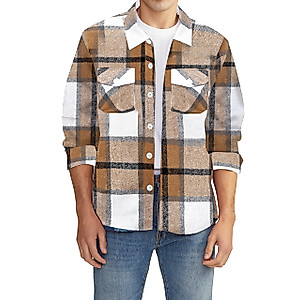 SANGTREE Mens Plaid Flannel Shirt Jacket Long Sleeve Button Down Shacket, Khaki Plaid, Small