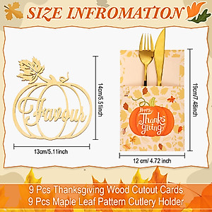 18 Set Thanksgiving Plate Decor 9 Fall Thankful Cutlery Utensil Holders with 9 Maple Pumpkin Turkey Wood Place Cutouts Sign Gold Grateful Blessed Gather Autumn Table Plate Sign (Maple,Pumpkin)