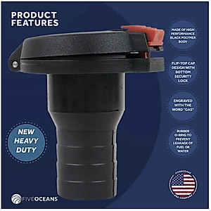 Five Oceans Boat Gas Deck Fill/Filler, Marine Fuel Deck Filler with Flip Top Cap Design, 1-1/2 Inch Hose, Straight Neck, for Pontoon, Fishing Boats, Bass Boat, Sport Yachts, Sailboats - FO1797