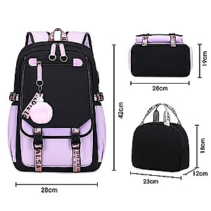 Bevalsa School Backpack for Girls, Girls Backpack with Lunch Box, Bookbag for Girls Kids Elementary Middle High School College Student 21L Casual Daypack Children Schoolbag with USB Charging Port (Purple)