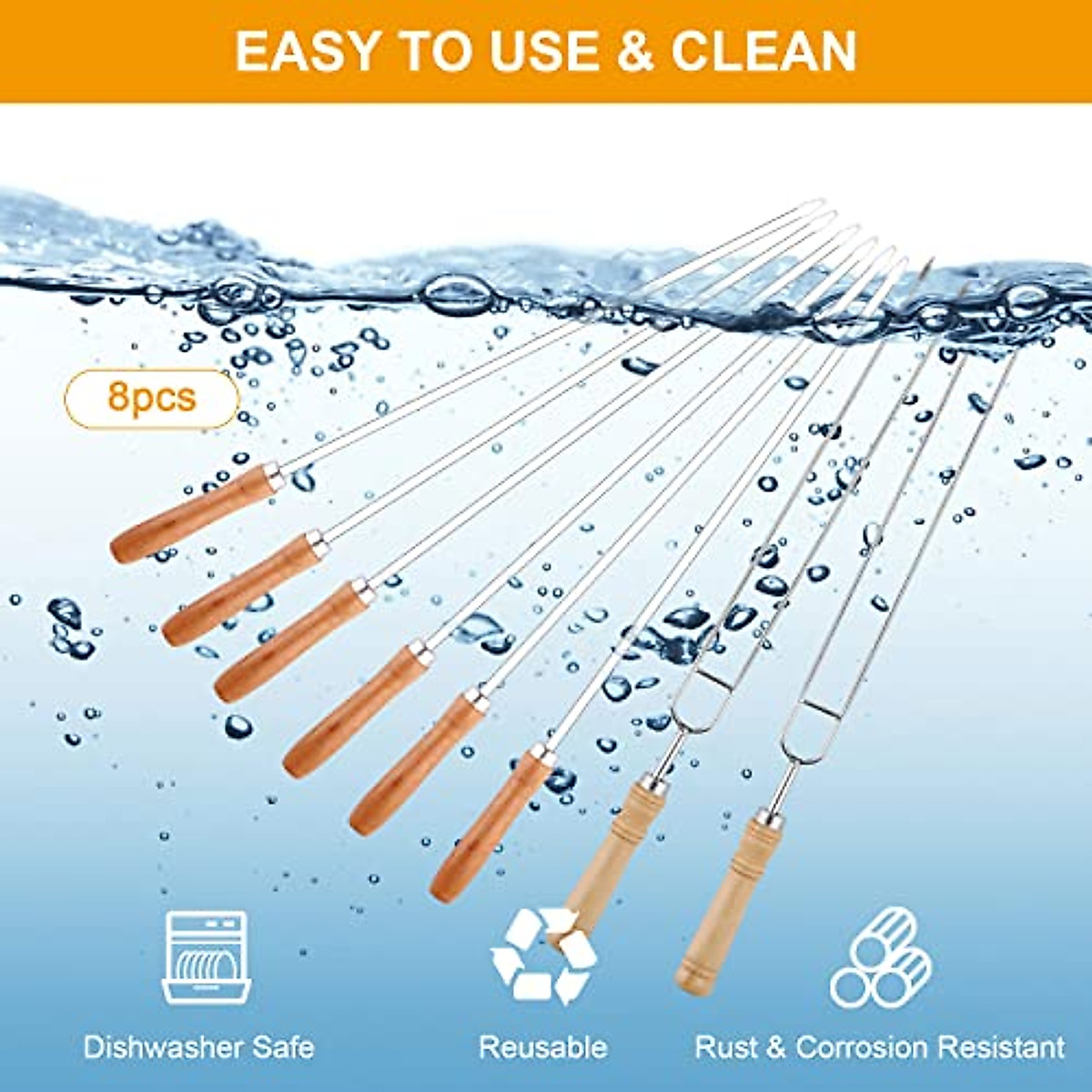 Metal Skewers for grilling 8 PCS, Stainless Steel BBQ Sticks with Wooden Handle 16 inch Kabob Skewer with Campfire Roasting Bag (Wooden)