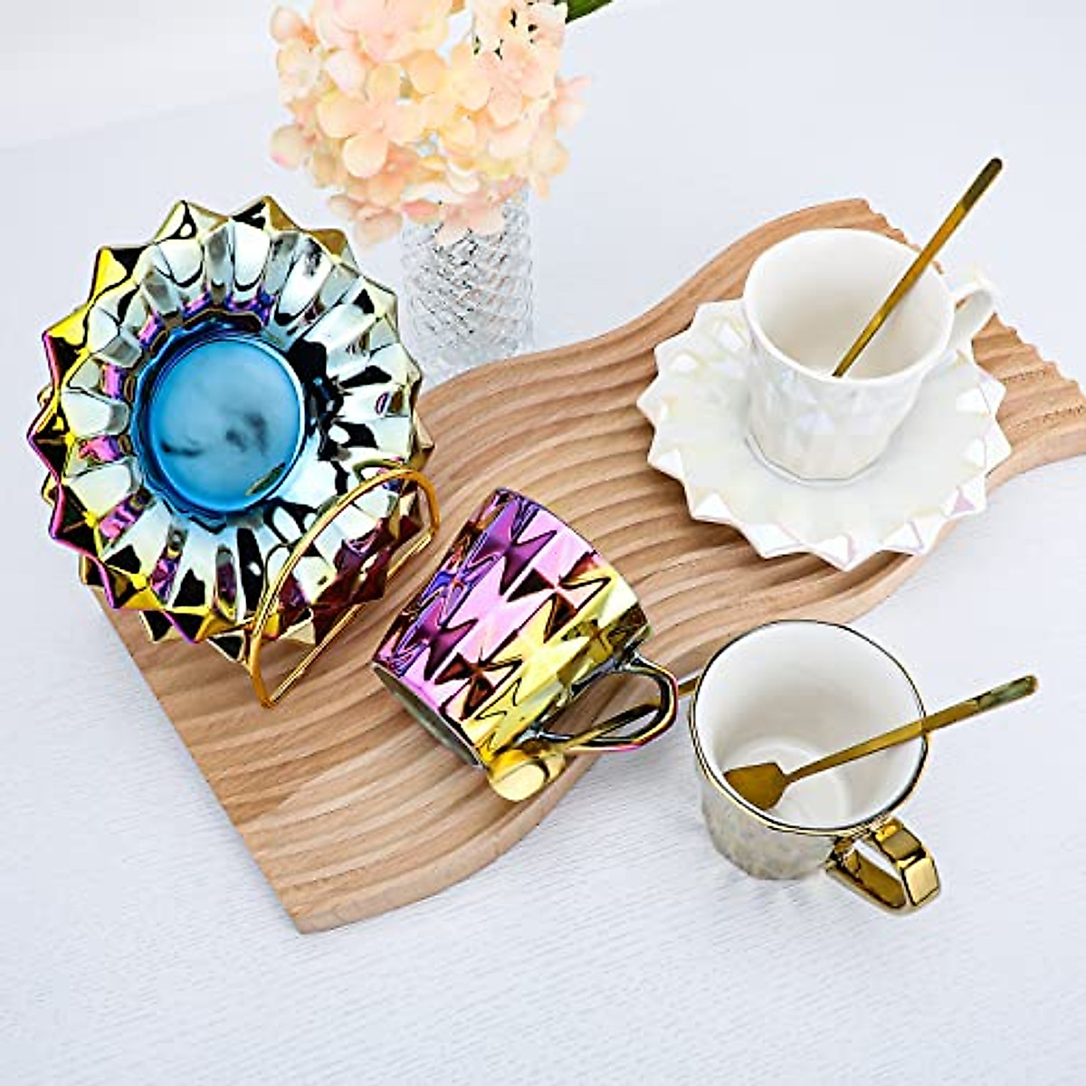 VCXOX Ceramic Coffee Mug, Creative French style Cup with Electroplated Geometry Saucer & Spoon Sets, Novelty Coffee Cup,6 oz/180 ml for Tea Latte Milk (purple)