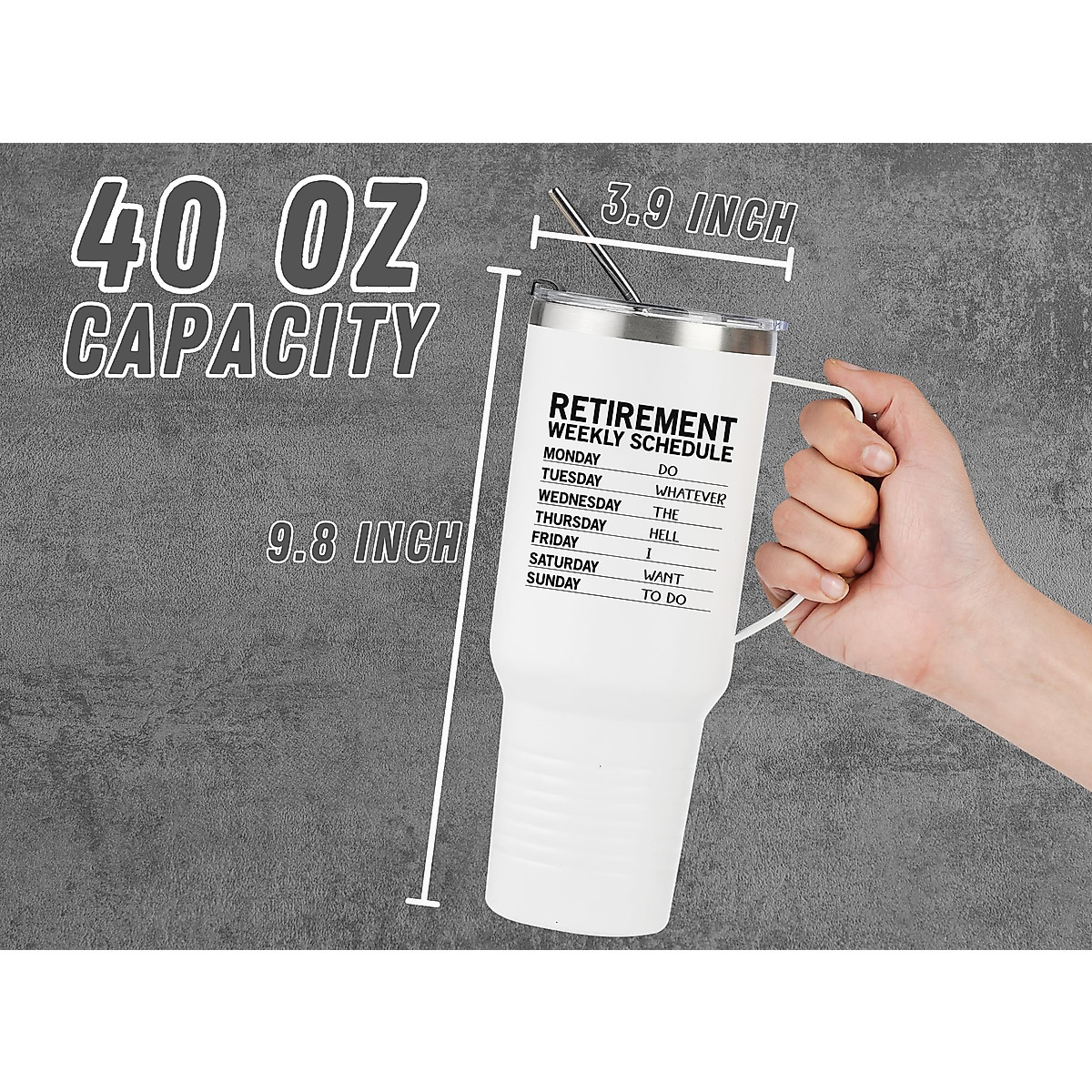 Onebttl Retirement Gifts for Men, Retirement Tumbler for Men 40oz Insulated Travel Cup with Handle, Retired Gifts for Dad, Grandpa, Friends, CoWorker (White, Schedule)