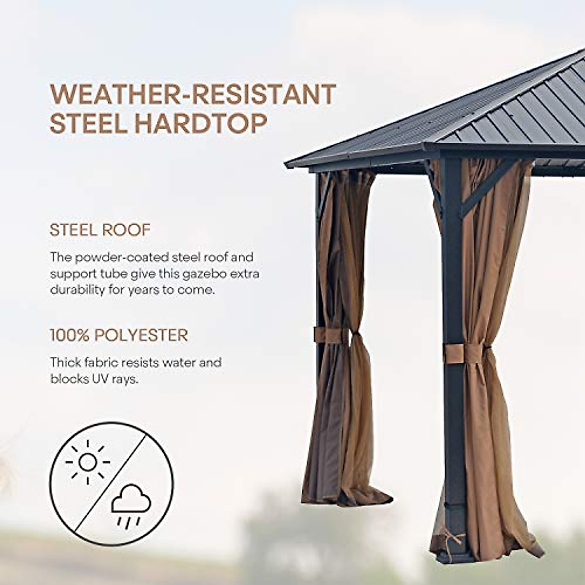 Cloud Mountain Steel Gazebo Hardtop Rectangular 10'x12', Brown Black