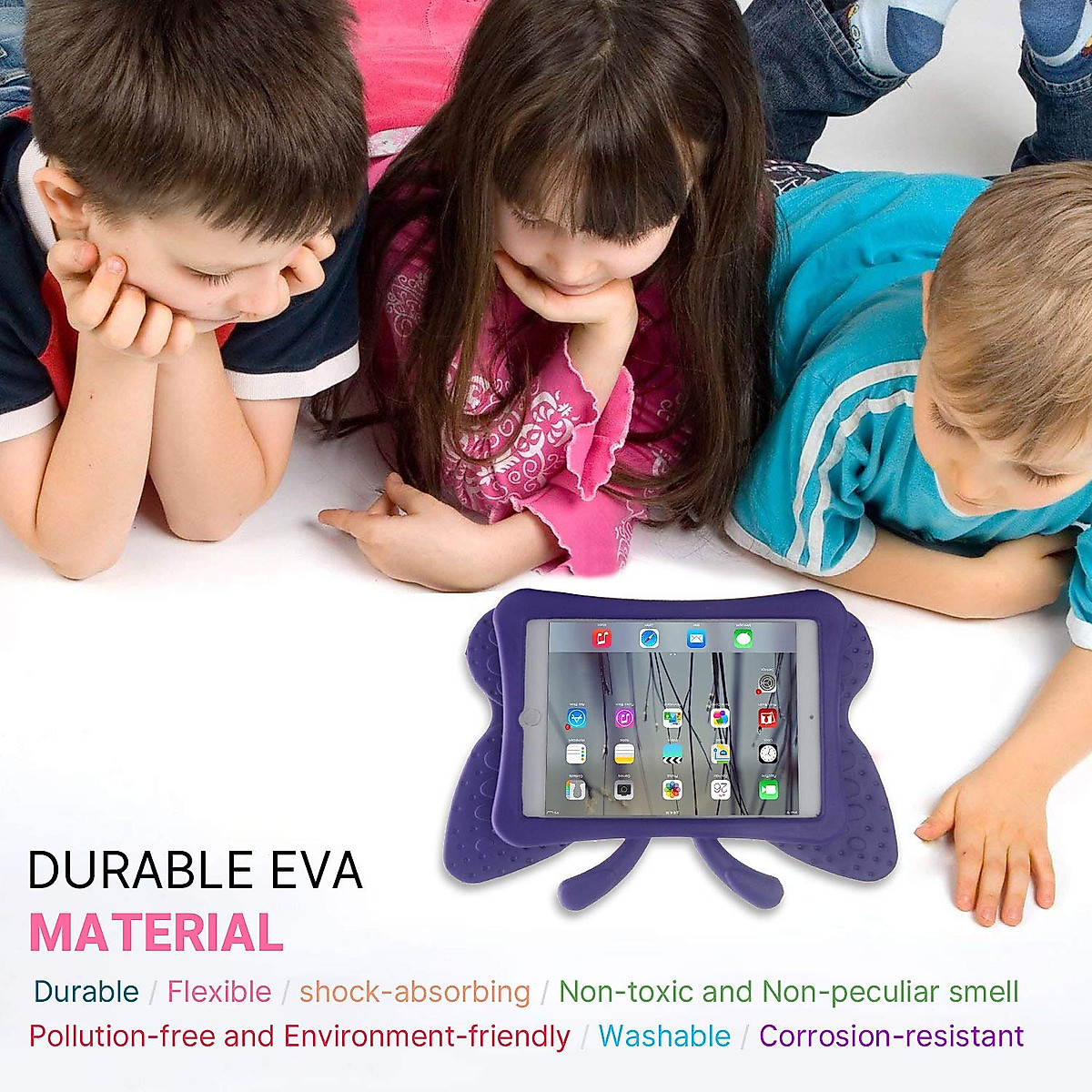 Simicoo iPad 7 8 9 10.2 Kids Case 3D Cute Butterfly 10.2 inch ipad 9th 8th Generation Tablet Case For Kids Girls Light weight EVA Foam Stand Shockproof Rugged Heavy Duty Kid Friendly iPad Cover Purple