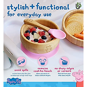 Peppa Pig Suction Bowl for Baby – Bamboo Baby Bowl and Spoon Set with Removable Silicone Suction Cup for Kids | 12oz | Non-Toxic | Cool to The Touch | Ideal for Baby-Led Weaning (Peppa Pig)