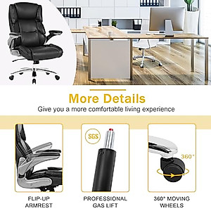 Ergonomic Big and Tall Office Chair Heavy Duty 400lbs Adjustable Rolling Swivel Desk Chair Pu Leather Executive Task Work Chair High Back Tilt Computer Chair w/Flip-up Armrest & Lumbar Support, Black