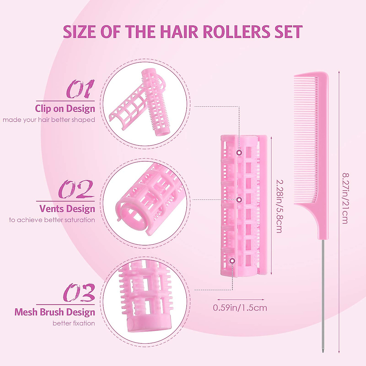 Syhood 28 Pieces Hair Roller, 0.6 Inch/ 1.5 cm Small Size Plastic Hair Rollers with Steel Pintail Comb for Short Hair Long Hair Styling Tools (Pink)