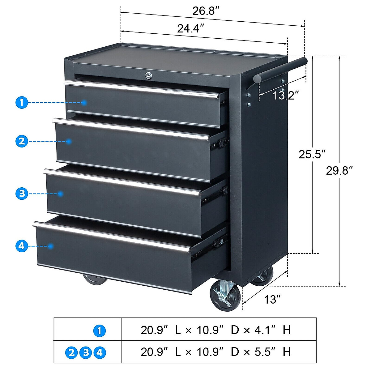 Winado 4-Drawer Tool Chest with Wheels & Lock & Key, Heavy Duty Cart Rolling Tool Box on Wheels, Metal Storage Cabinet, Rolling Tool Cart with Drawers for Garage, Warehouse & Repair Shop