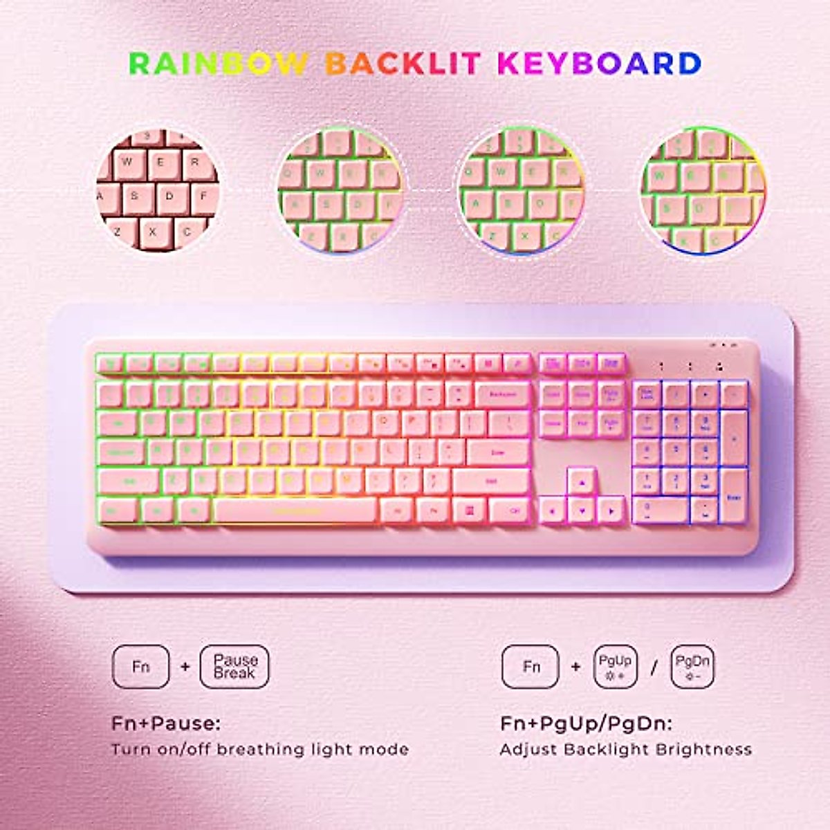 Wireless Keyboard and Mouse Combo Backlit, seenda Rechargeable Full-Size Illuminated 2.4Ghz Silent Keyboard and Mouse for Computer/Laptops/Windows/Gaming, Ice Pink