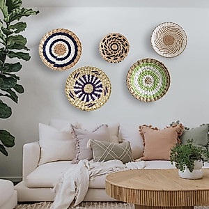 Wicker Woven Wall Basket Decor - Natural Seagrass Woven Rustic Flat Hanging Baskets Boho Rattan Wall Basket Bowls for Farmhouse Living Room Bedroom Décor