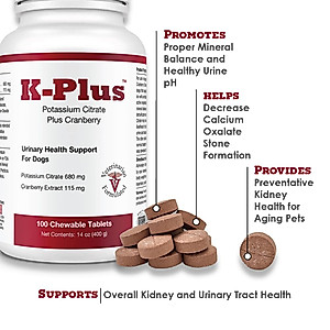 K-Plus Potassium Citrate Plus Cranberry Supplement for Dogs - UTI Remedy Chewable Tablets - Supports Bladder Health - for Every Dog Breed, 200 Chewable Tablets