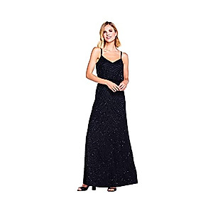 Adrianna Papell Women's Long Beaded Blouson Gown, Black, 16