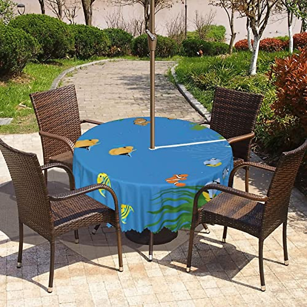 Lirduipu Aquarium Leaf Pattern Round Outdoor Tablecloth,Outdoor Round Tablecloth with Umbrella Hole - Water Resistant Spillproof,for Umbrella Table Patio Garden(72" Round,Multicolor)