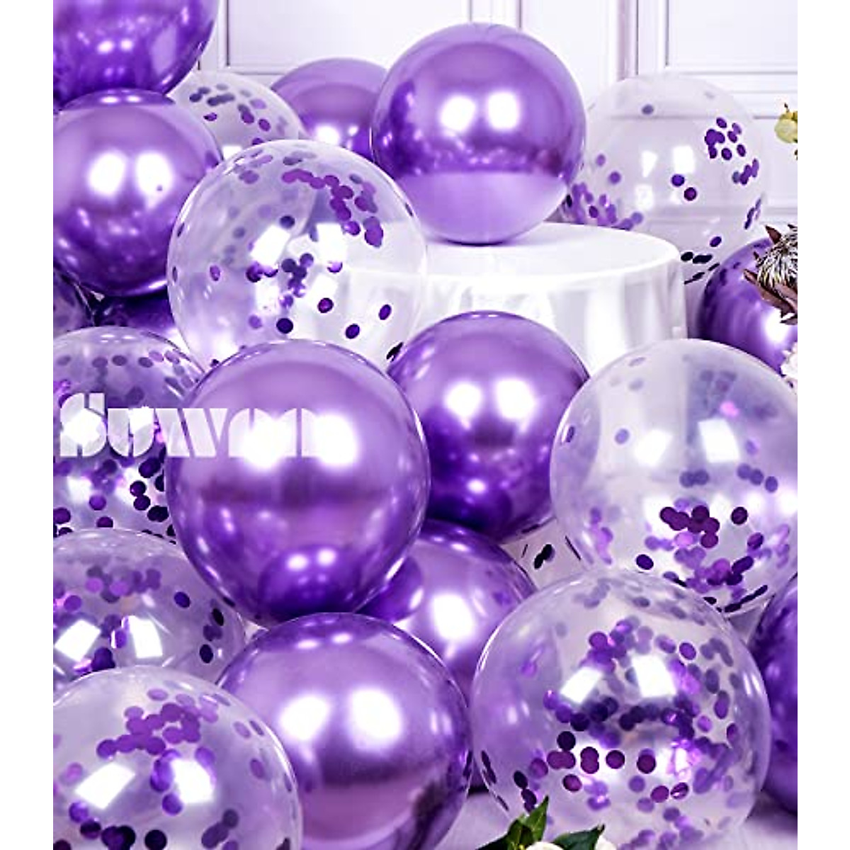 SUWEN Purple Metallic Balloons and Confetti Balloons Set 47PCS Latex Helium Chrome Dark Purple Balloon for Birthday Anniversary Party Decorations