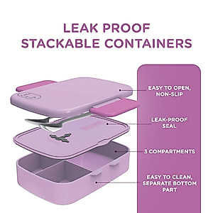 Kids Bento Lunch Box For Boys and Girls With Cutlery Set, Sticker Sheets (5+ Years) - 880 ML Leakproof 3 Compartment Lunch Box for kids, Portion Control Bento Box Kids with Free Parent Cards - Lilac