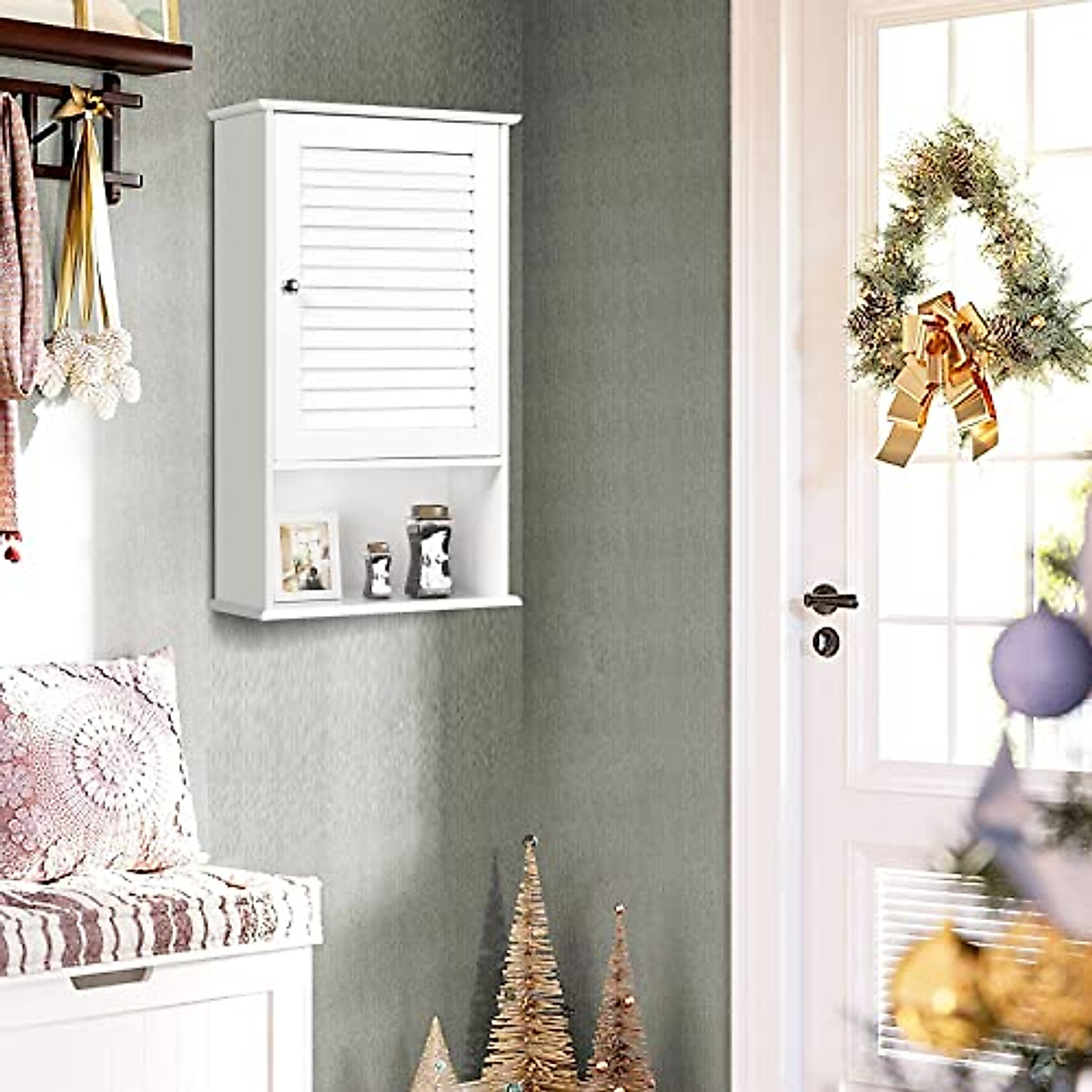 Tangkula Medicine Cabinet, Wall Mounted Bathroom Cabinet Single Door Wooden Bathroom Wall Cabinet with Adjustable Shelf