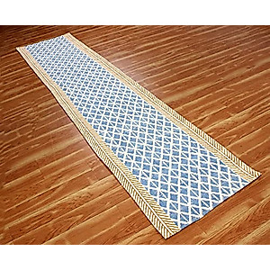 Casavani Indian Handmade Cotton Dhurrie Striped Blue & Brown Area Rug Boho Kilim Flat Weave Rug Indoor Hall Room Decor Carpet Throw Rugs for Bedroom Living Room Bathroom Balcony 8x10 Feet