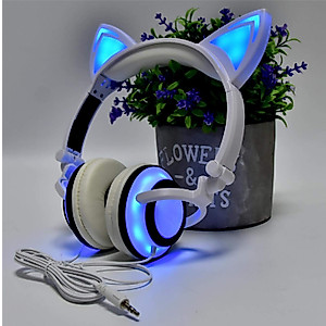 Olyre Wired Headphones with Microphone for Kids/Girls/Boys/Women,On-Ears Adjustable Stereo Foldable LED Cat Kitty Gift Headset Compatible with Computer Tablet PC iPad Smartphone(White)