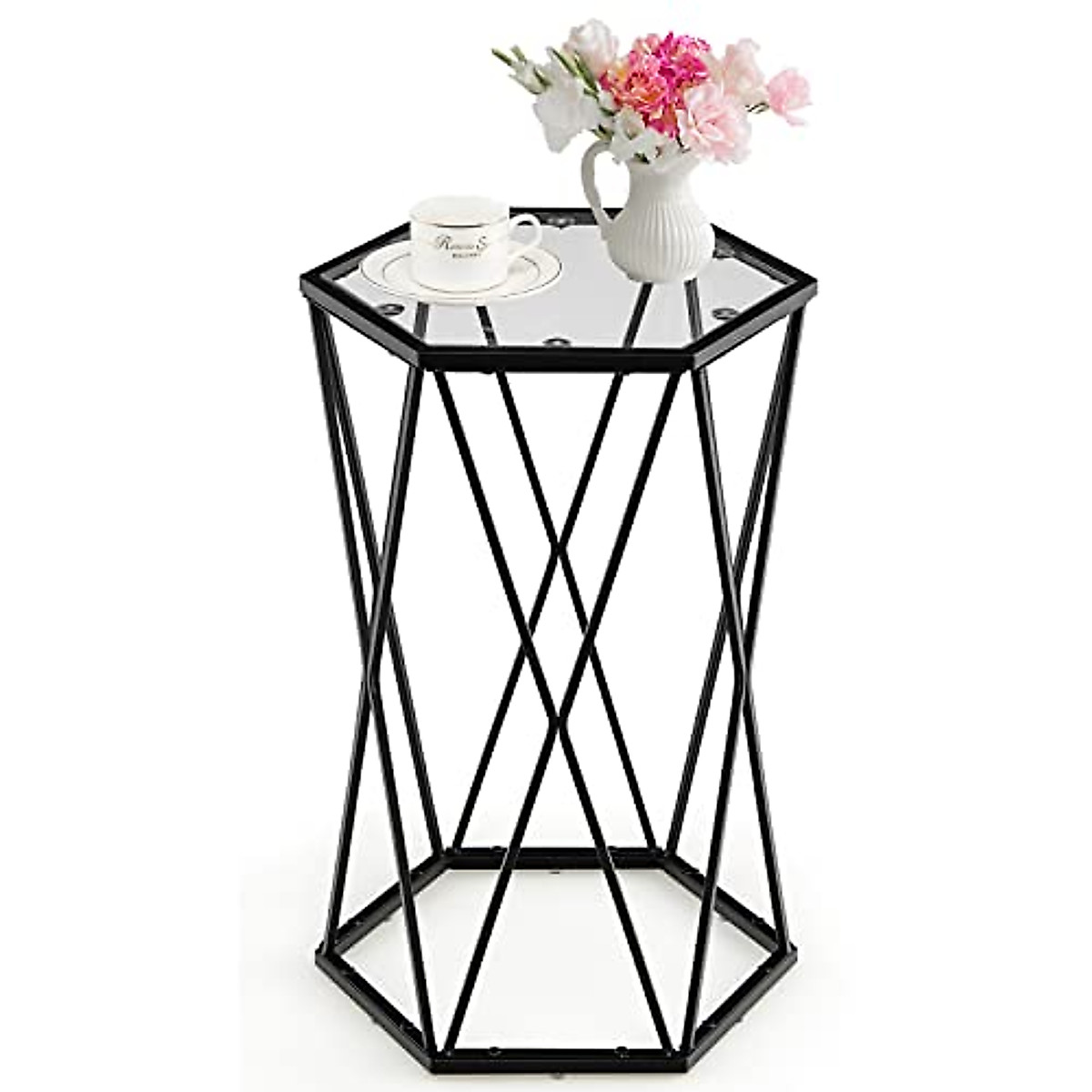 Giantex Glass End Table, Hexagon Side Table w/Metal Frame, Small Coffee Accent Table for Small Space for Living Room Balcony, Modern Style Bedside Table Nightstand