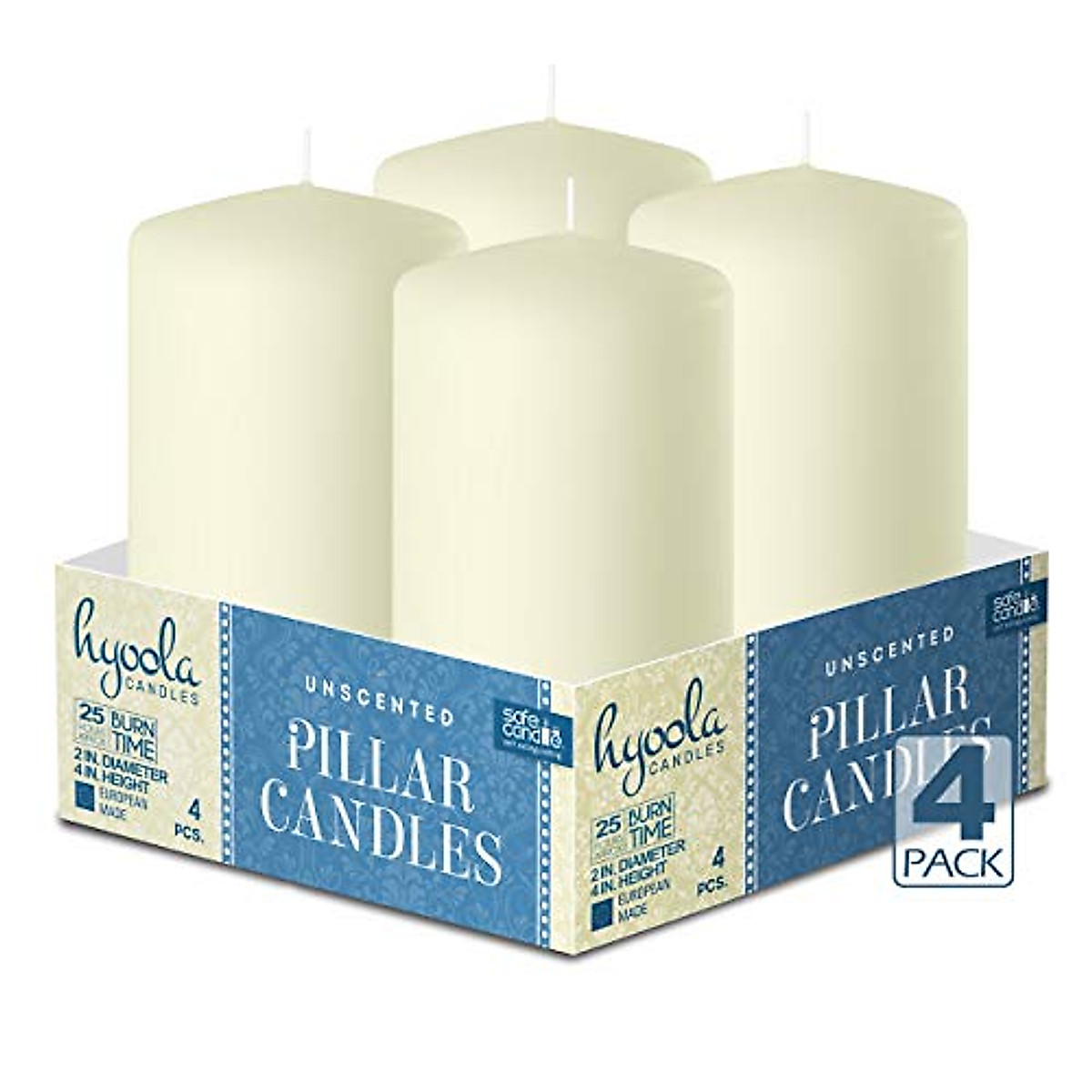 Hyoola Ivory Pillar Candles 2-inch x 4-inch - Unscented Pillar Candles - Set of 4 - European Made