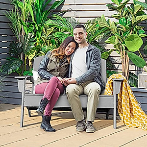Giantex Adirondack Chair Outdoor Loveseat, High Density Polyethylene HDPE Material Adirondack Chairs Set of 2 People, Patio Adirondack Bench for Porch, Garden, Backyard Fire Pit Chair (1, Gray)