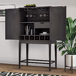 JIEJIEGAO Double Mirror Door Bar Cabinet, Wine Solid Rubber Wood Rack Cabinet, with 8 Wine Glass Holder Sideboard, with Featuring Two-Tier Storage, Wooden Storage Cabinet, Kitchen Organizer