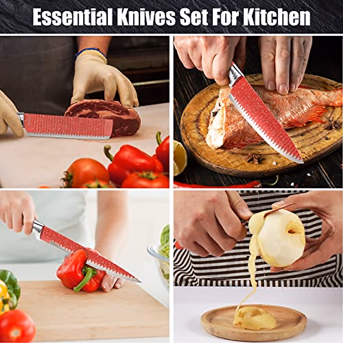 BSSuperU Red Kitchen Knife Set with Sharpener Scissors, 8 PCS Stainless Steel Solid Sharp Knives Sets for Kitchen with Non Stick Coating & Non Slip Handle