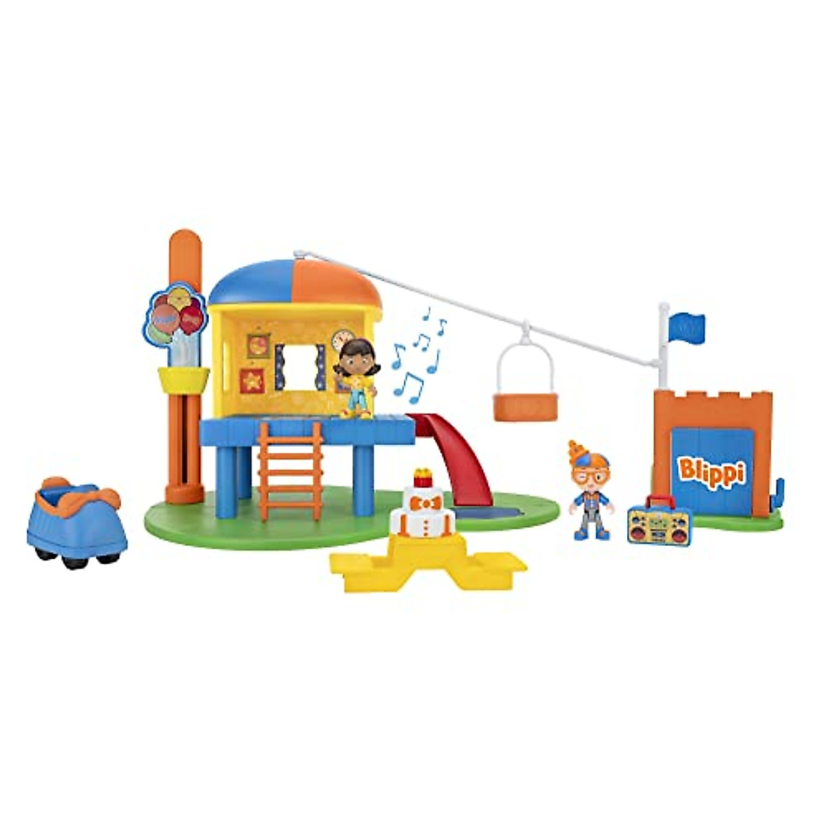 Blippi Ultimate Party Adventure, Deluxe Playset - Includes Exclusive Party Figure, Girl Figure, Playground Playset, 4 Accessories, Sounds, Working Balloon Basket Elevator - Amazon Exclusive