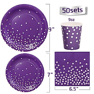 Gudvilla 200PCS Purple Party Decorations Purple Plates and Napkins Party Supplies Silver Dot Disposable Party Dinnerware for Birthday,Graduation,Baby Shower,Bridal Shower Serves 50 Guests