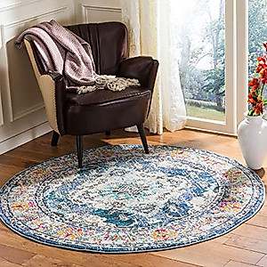 SAFAVIEH Monaco Collection 3' Round Navy/Light Blue MNC243N Boho Chic Medallion Distressed Non-Shedding Dining Room Entryway Foyer Living Room Bedroom Area Rug