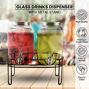 CHENE DE SAINT MARS Glass Drinks Dispenser with Metal Stand, Drinks Dispenser for Parties, Water Jug Dispenser, Water Dispenser Countertop, Beverage Dispenser with Stand, Lemonade Stand for Kids,