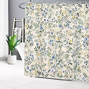 LB Country Wildflower Shower Curtain Decor,Blue and Yellow Floral Green Leaf Plant on Beige Shower Curtain for Bathroom 72X72 inch Polyester Fabric Bathroom Decoration Bath Curtains Hooks Included
