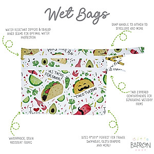 BapronBaby Taco Party Wet Dry Bag - Waterproof Two Zipper Pockets - Reusable for Mealtime, Diapers, Stroller, Snacks, Swimsuits - Machine Washable - 11" x 9"