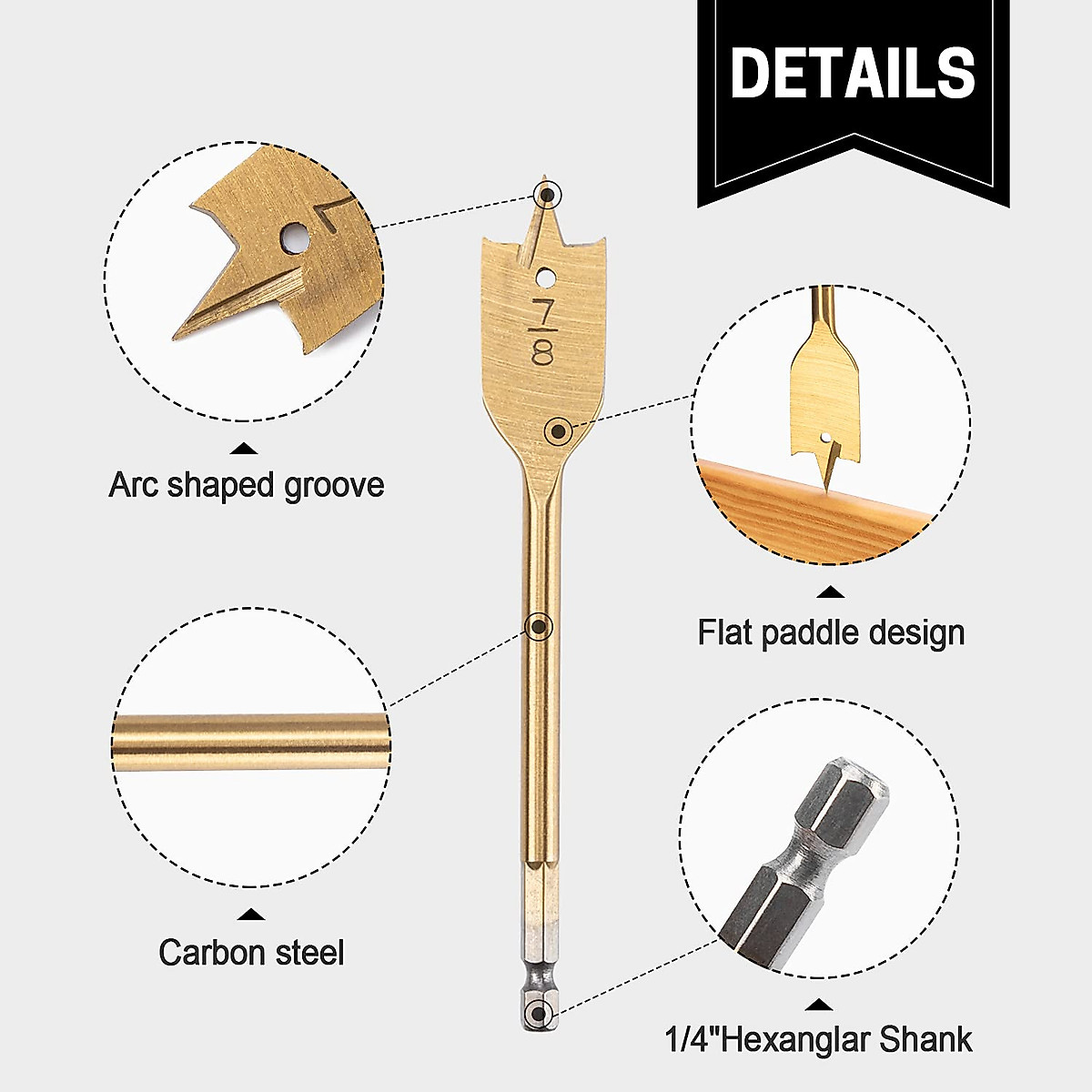 6-Piece Spade Drill Bit Set,Carbon Steel Paddle Flat Bits, for Hole Cutter Woodworking (3/8",1/2", 5/8", 3/4", 7/8", 1")