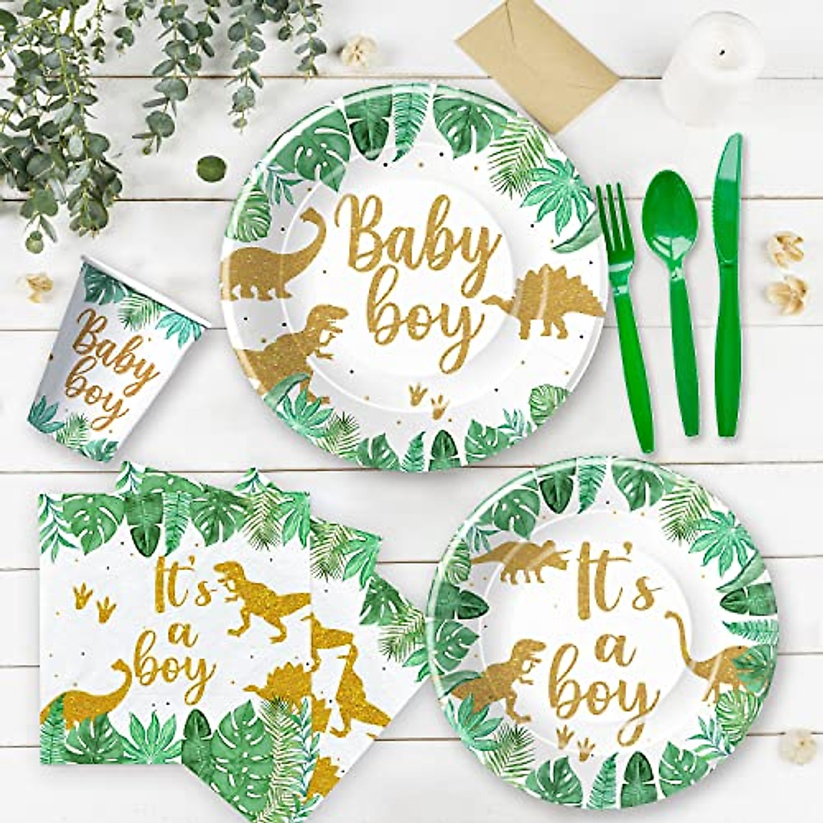 HIPVVILD Dinosaur Baby Shower Decorations for Boy - Jungle Safari Theme Baby Shower Party Supplies Include Plates, Cups, Napkins, Tablecloth, Straws, Cutlery, Dinosaur Baby Boy Decorations | Serve 24