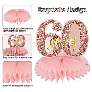 Turypaty Pink Rose Gold 60th Birthday Honeycomb Centerpieces Decorations for Women, 9Pcs Rose Gold Happy 60th Birthday Table Centerpieces Party Supplies, Sixty Year Old Birthday Table Toppers Decor