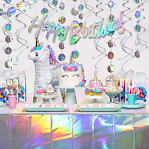Iridescent Happy Birthday Banner Party Decorations, Shiny Happy Birthday Sign Holographic Circle Garlands Hanging Dots Streamer Backdrop Tablecloth for Iridescent Birthday Party Decorations Supplies
