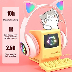 KERHAND Bluetooth Headphones for Kids, Cute Ear Cat Ear LED Light Up Foldable Headphones Stereo Over Ear with Microphone/TF Card Wireless Headphone for iPhone/iPad/Smartphone/Laptop/PC/TV (PIink)