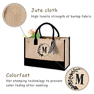 Yougeigy Initial Canvas Beach Bag, Canvas Tote Bag with Zipper Pocket, Embroidery Monogrammed Personalized Gift Bag for Mother Teacher, Bridesmaid Gifts for Women Friends(Letter M)