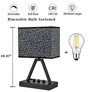 Briever USB C Touch Control Table Lamp, 3-Way Dimmable Desk Lamp with USB C & USB A and AC Outlet, Bedside Lamp with Phone Stands and Black Shade for Bedroom, Living Room, Office, LED Bulb Included