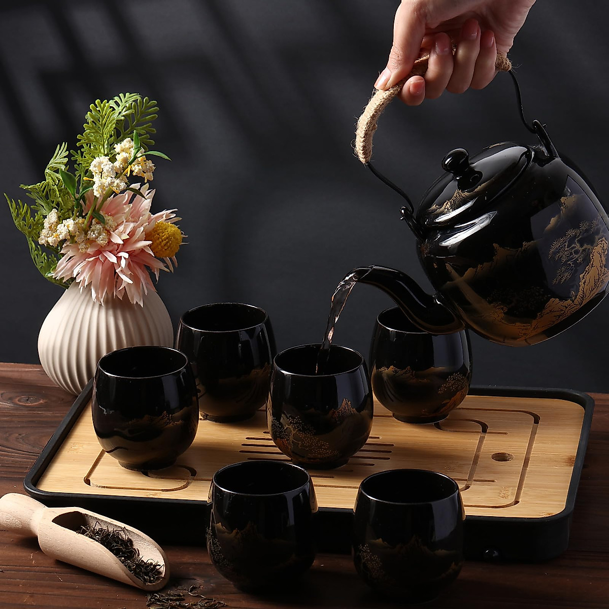 Hushee Japanese Tea Set in Gift Box Asian Tea Set Magic Teapot with 1 Teapot, 6 Tea Cups, 1 Tea Tray, 1 Stainless Infuser, Black Ceramic Chinese Porcelain Tea Set Gift for Tea Adult Lover Office Home