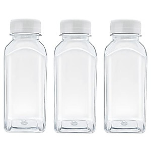 MYYZMY 3 Pcs 8 Ounce Plastic Juice Bottles, Reusable Bulk Beverage Containers for Juice, Milk and Other Beverages, White lid