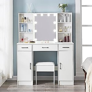 Large Vanity, Vanity Desk with Mirror & Lights,White Vanity Set Makeup Table with 3 Drawer & 3 Level Storage Dresser,2 Cabinets,Bedroom Dressing Table